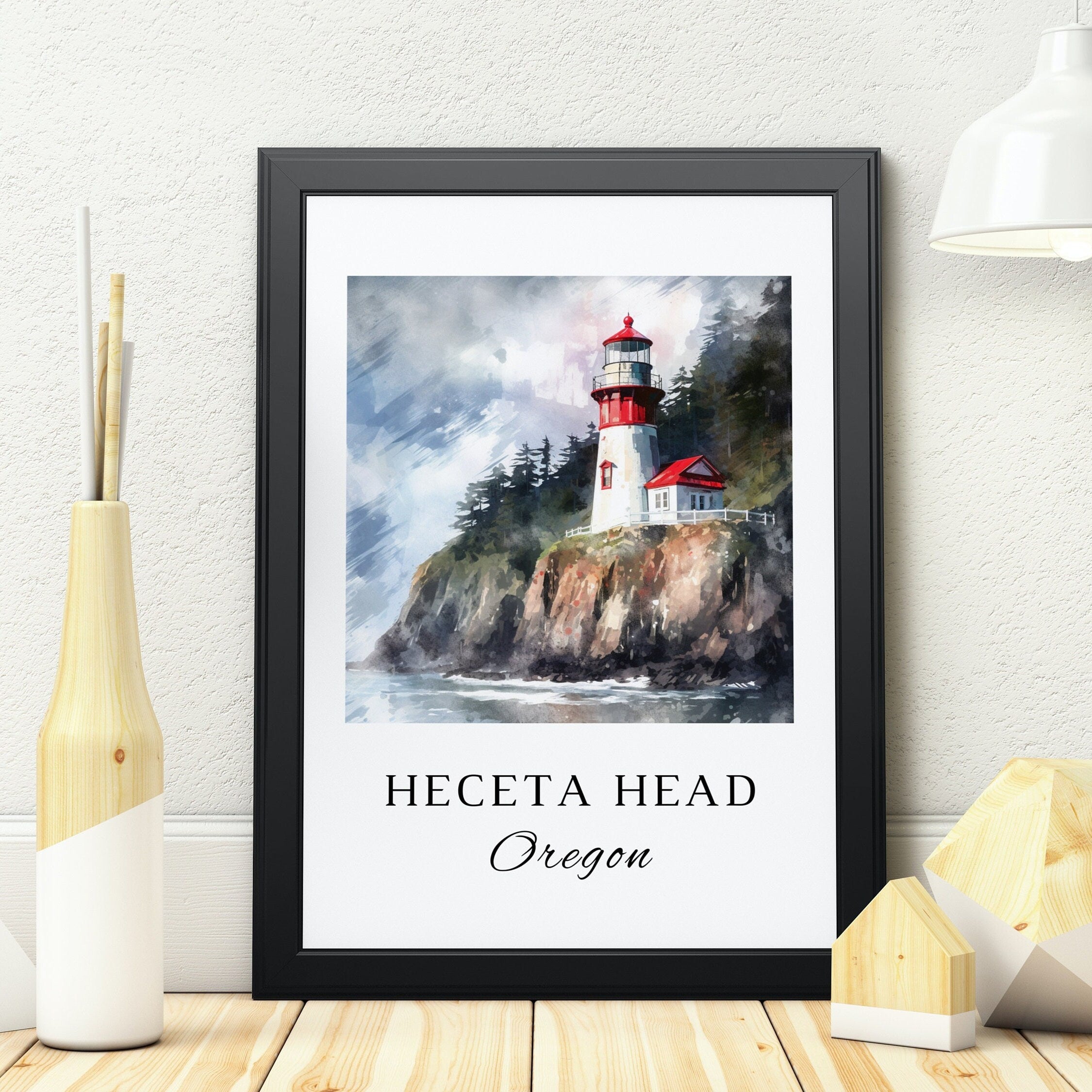 Heceta Head traditional travel art - Oregon, Heceta Lighthouse poster ...