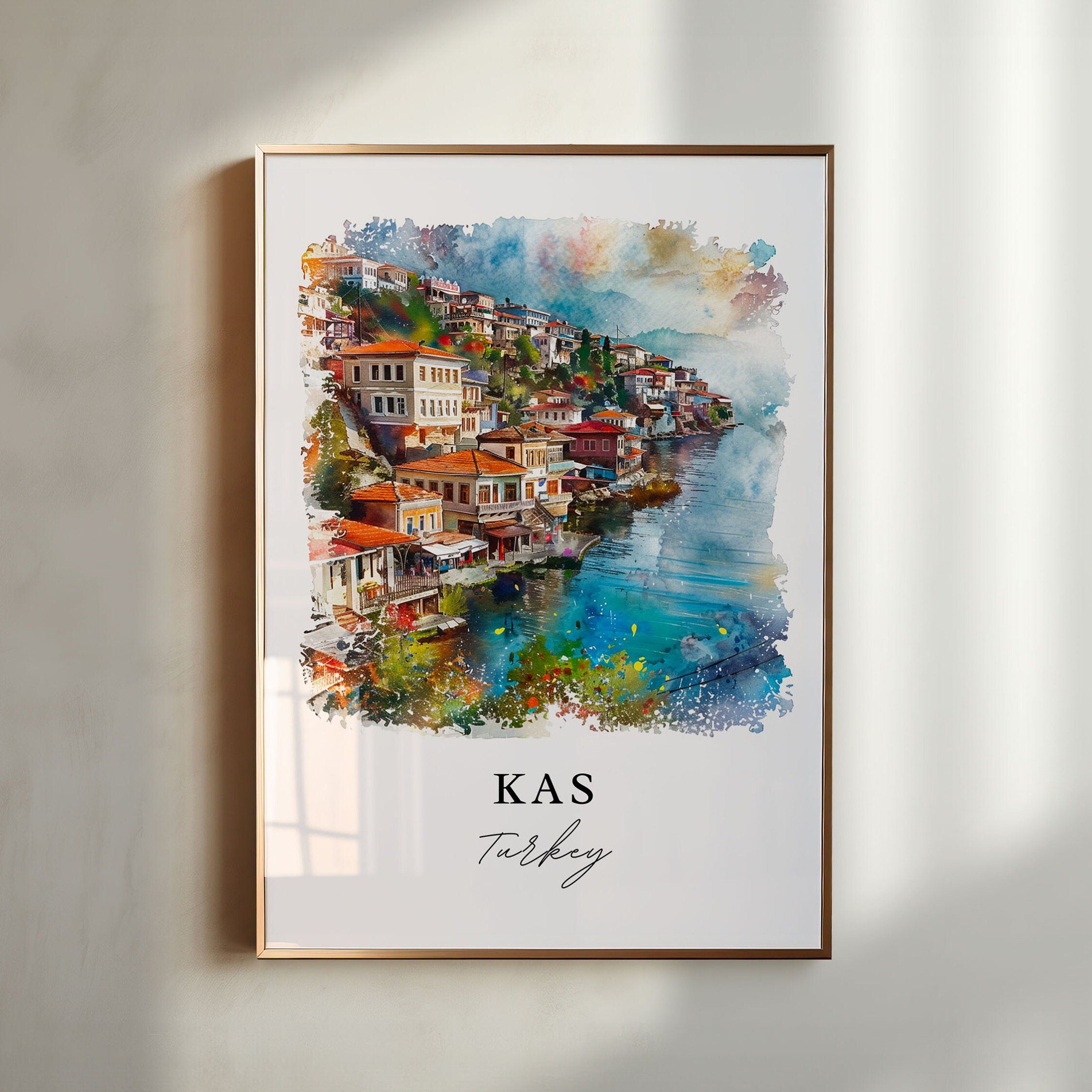 Kas Turkey Wall Art, Kas Print, Kas Coastal Town Watercolor, Bougainvi ...