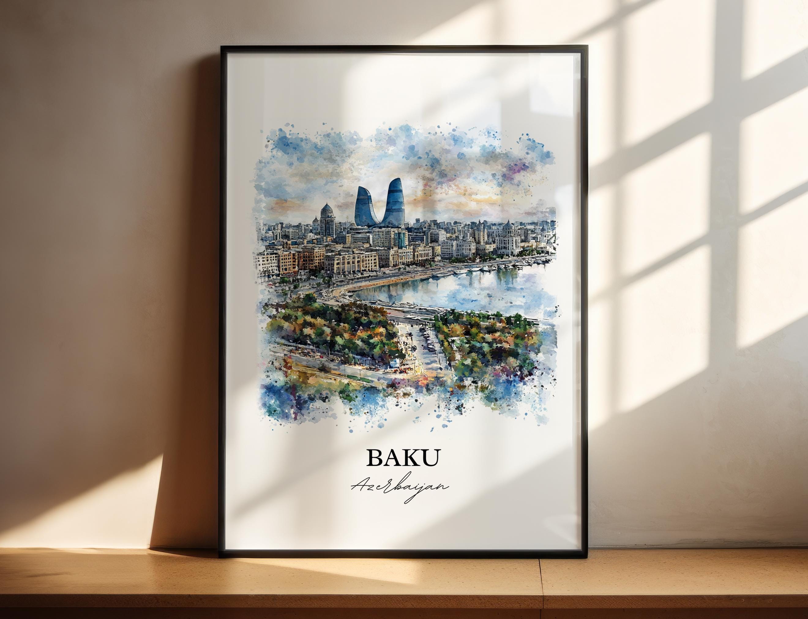 Baku Wall Art, Azerbaijan Print, Azerbaijan Watercolor Art, Baku Azerb ...