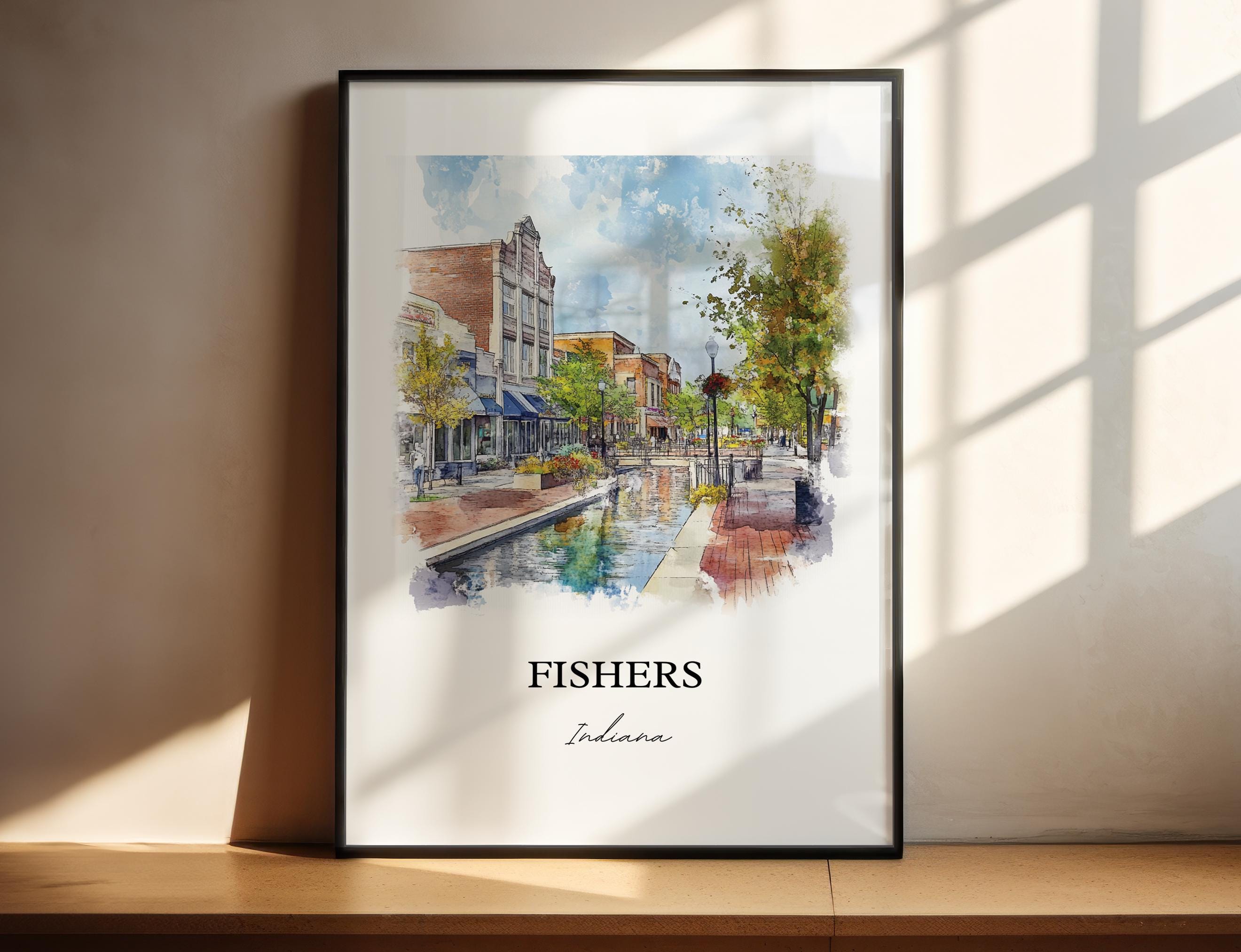 Fishers IN Wall Art, Indianapolis Suburbs Print, Indiana Watercolor, F ...
