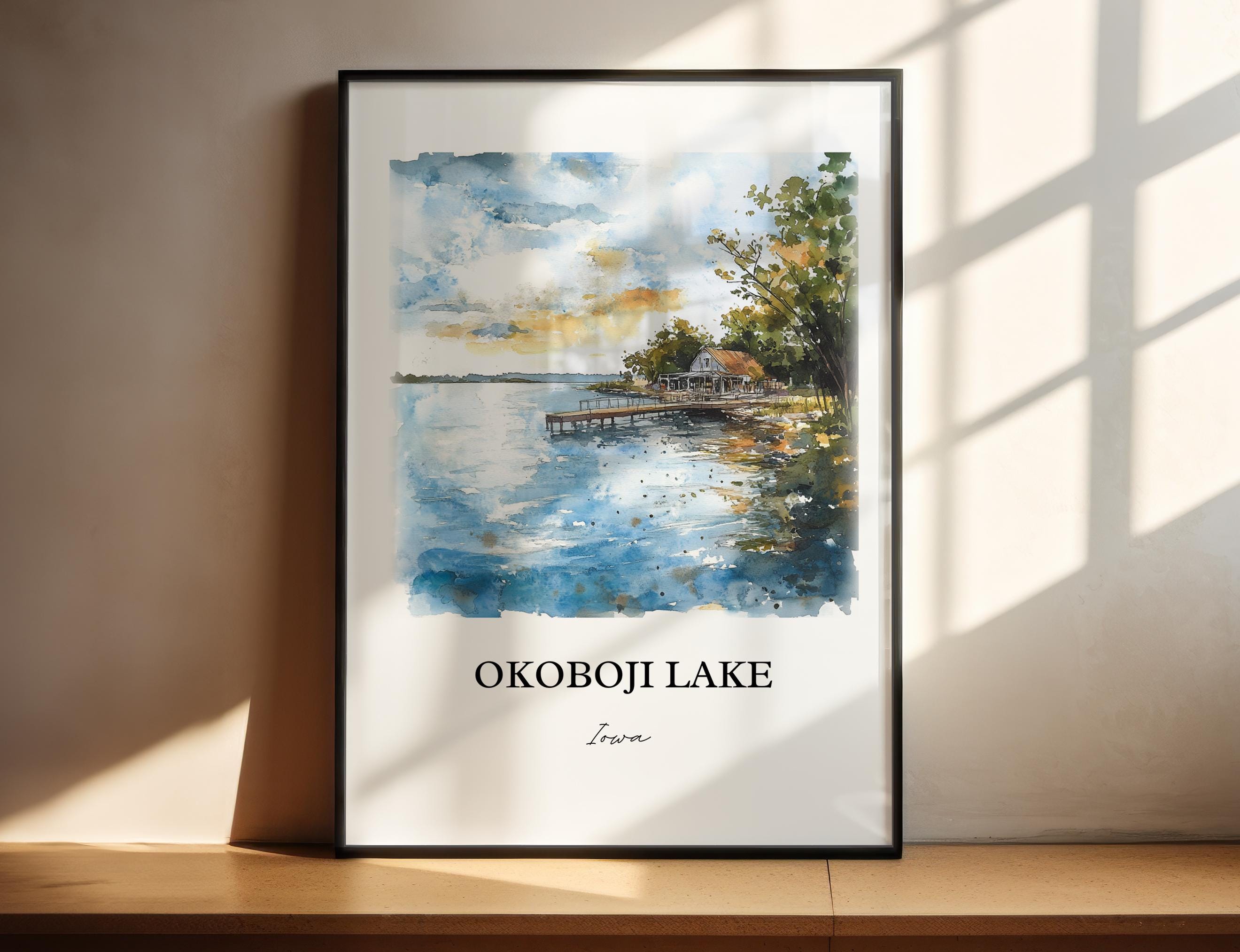 Okoboji Lake Wall Art, Dickinson County Print, Iowa Watercolor Art, Ok ...