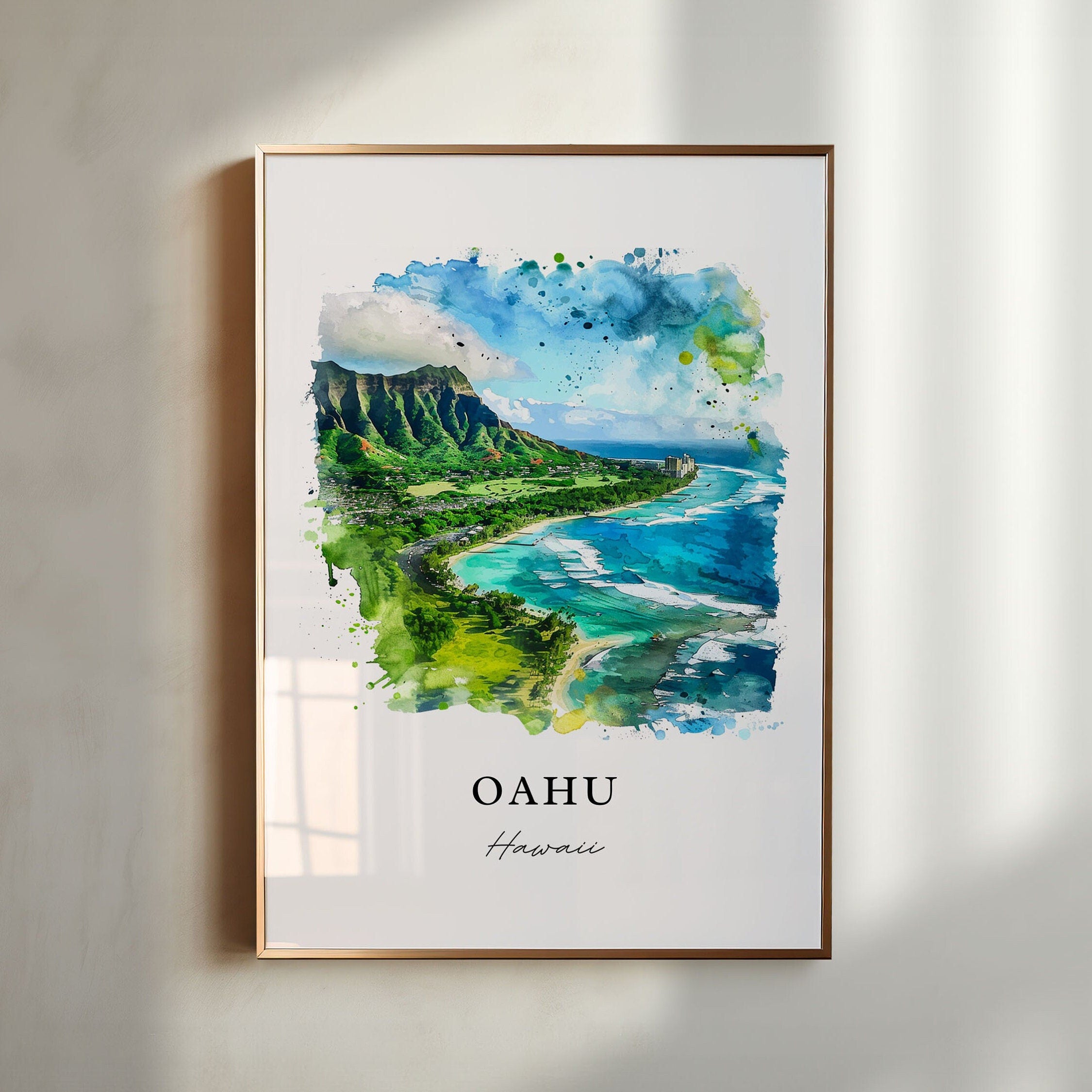 Oahu Hawaii Wall Art, Oahu Print, Oahu Watercolor Art, Honolulu Art Gi ...